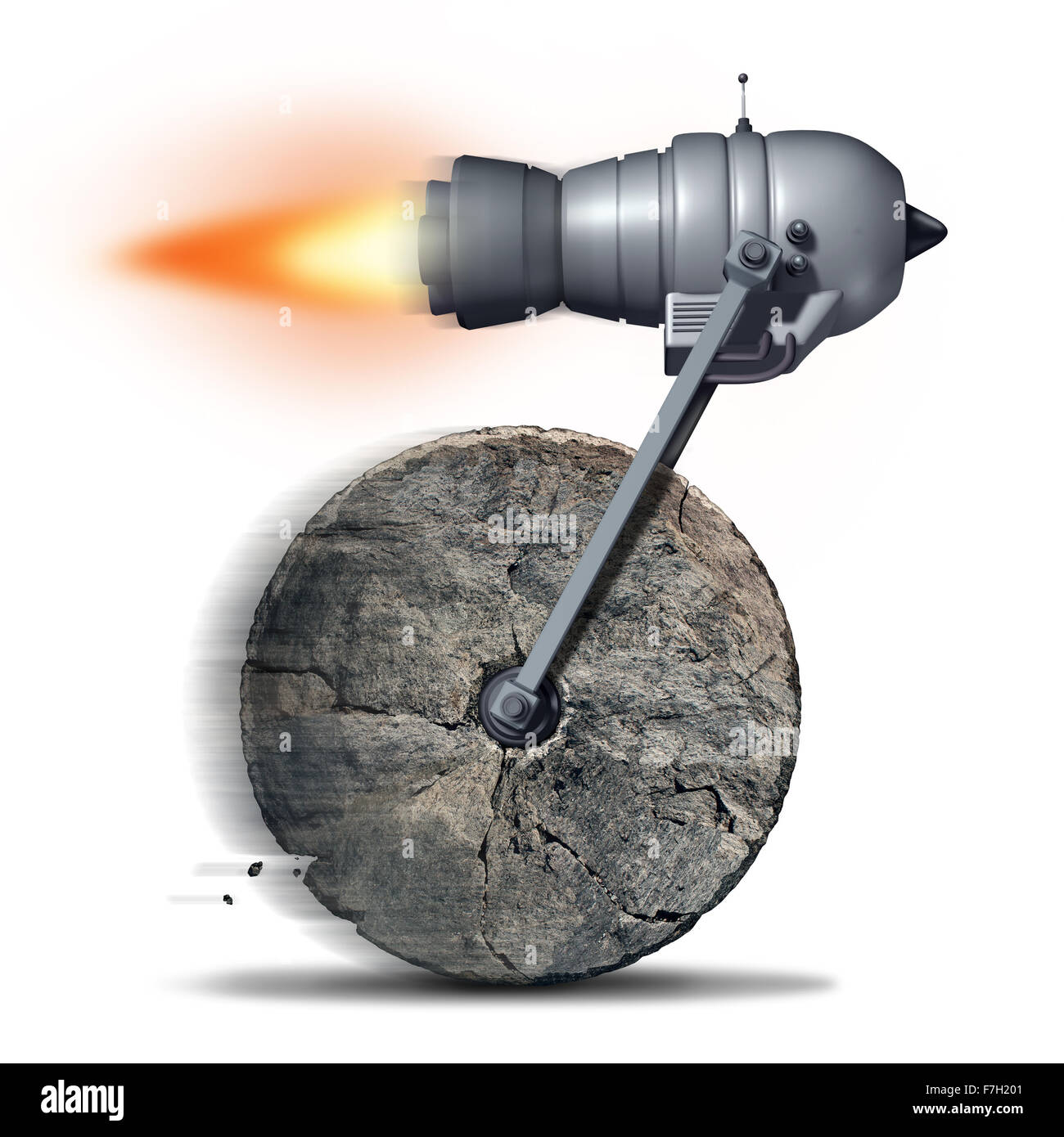 Technology upgrade business concept as an ancient stone wheel with a ...