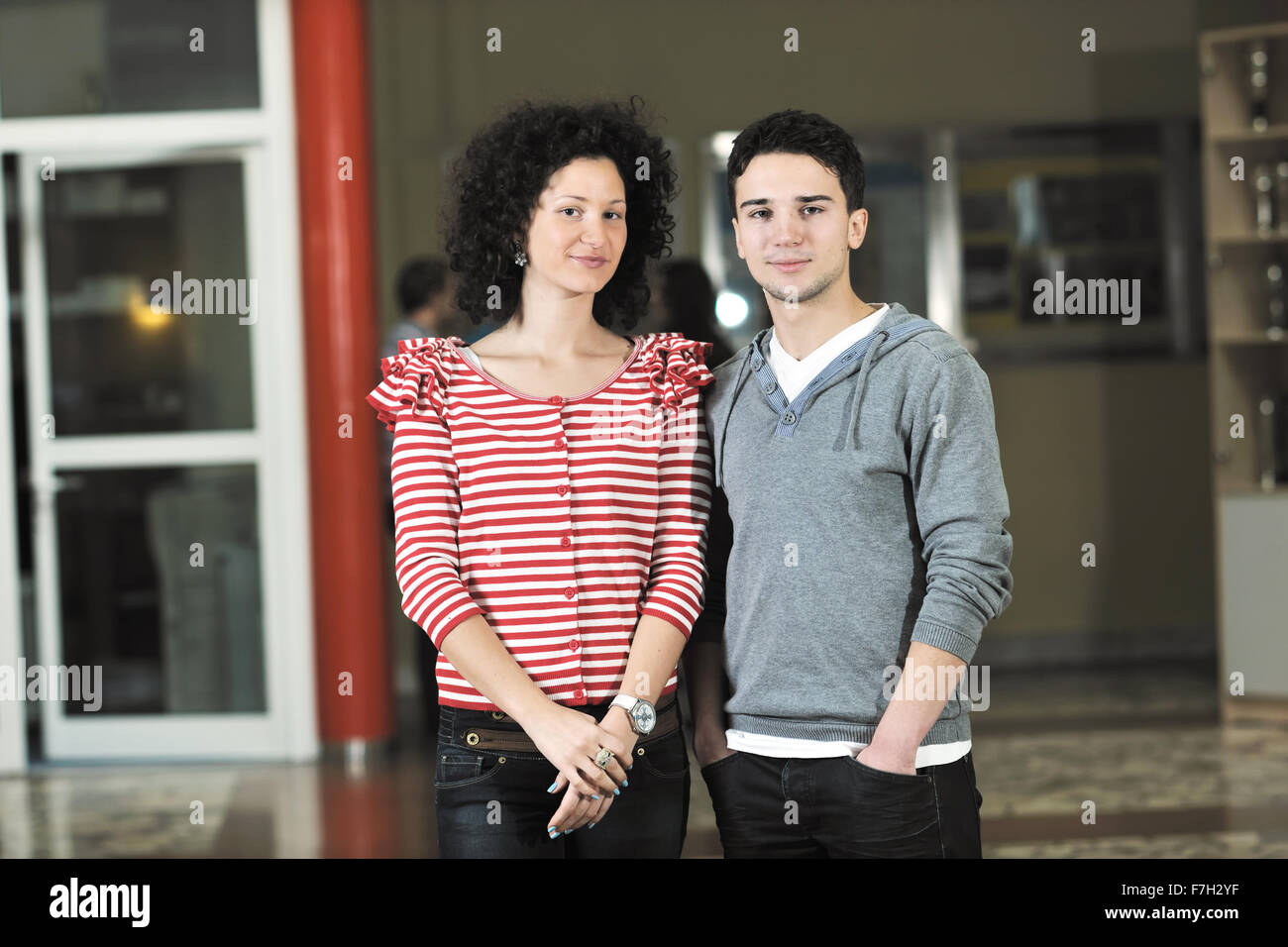 happy students people group portrait at university indoor building ...