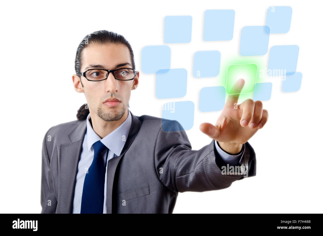 Businessman pressing virtual buttons Stock Photo - Alamy