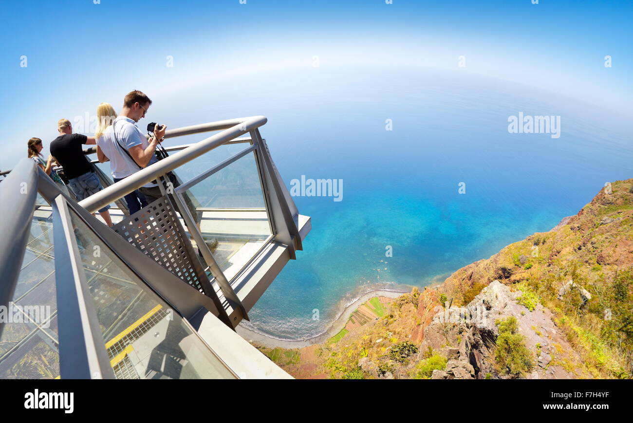Tourist on the panoramic terrace at the top of Cabo Girao (580 m ...