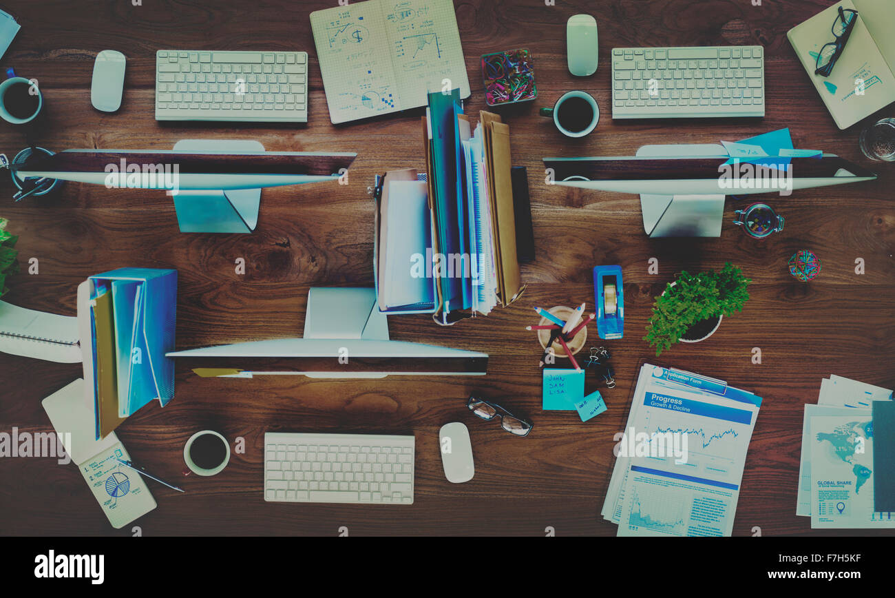 Contemporary Office Desk Computers Office Tools Concept Stock Photo - Alamy