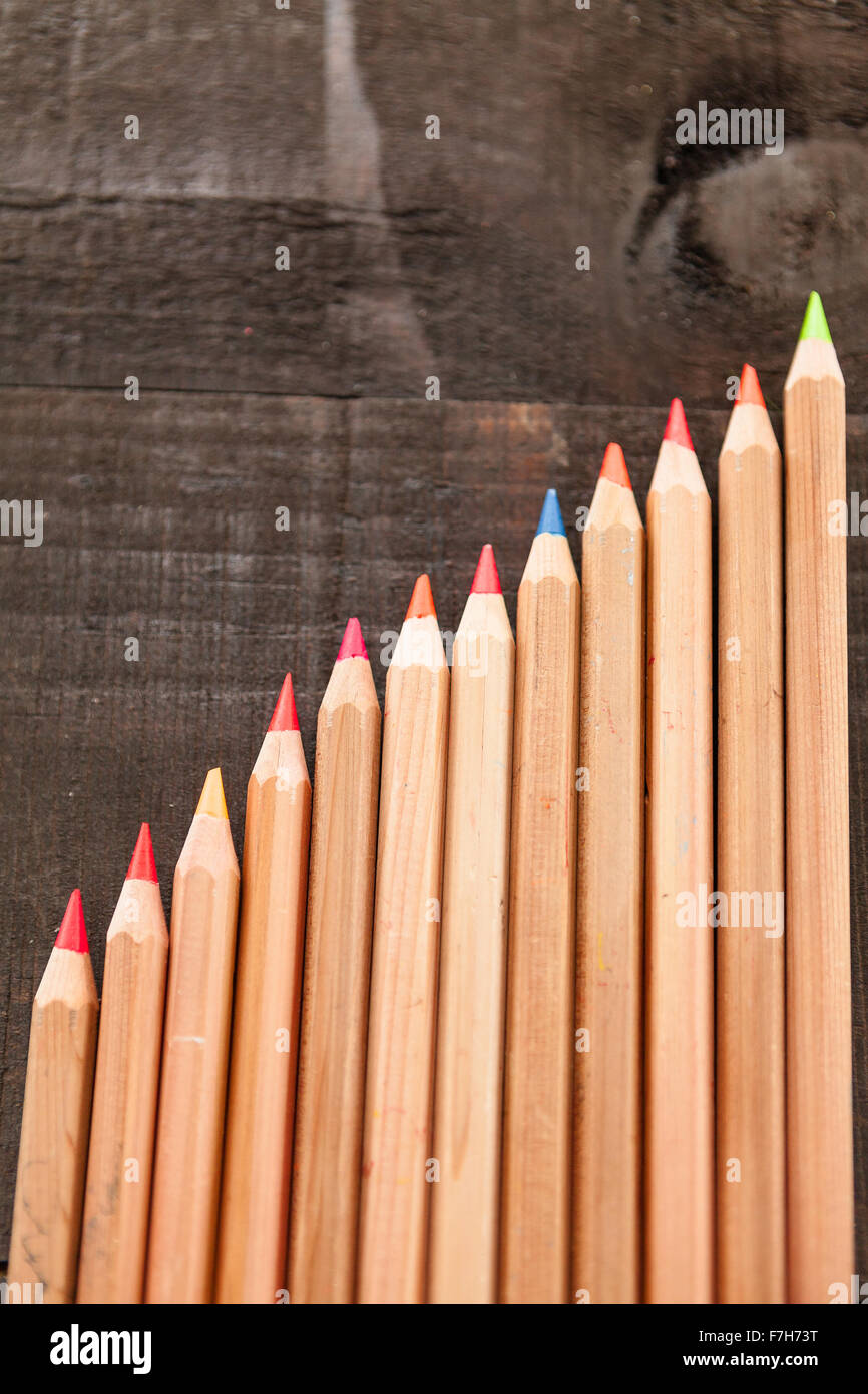 Group of crayons and they are on wooden background, the picture is ...