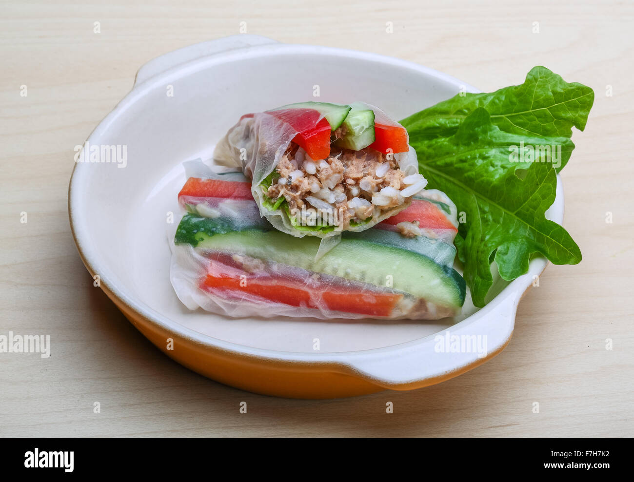Vietnamese Spring rolls with tuna and salad leaves Stock Photo - Alamy