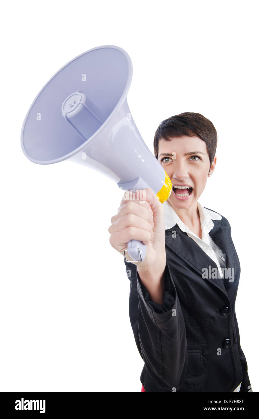 Young business lady screaming to loudspeaker Stock Photo - Alamy