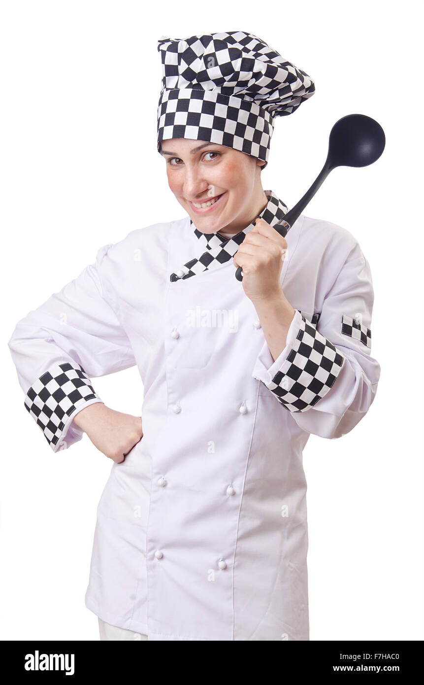 Woman cook with ladle on white Stock Photo - Alamy