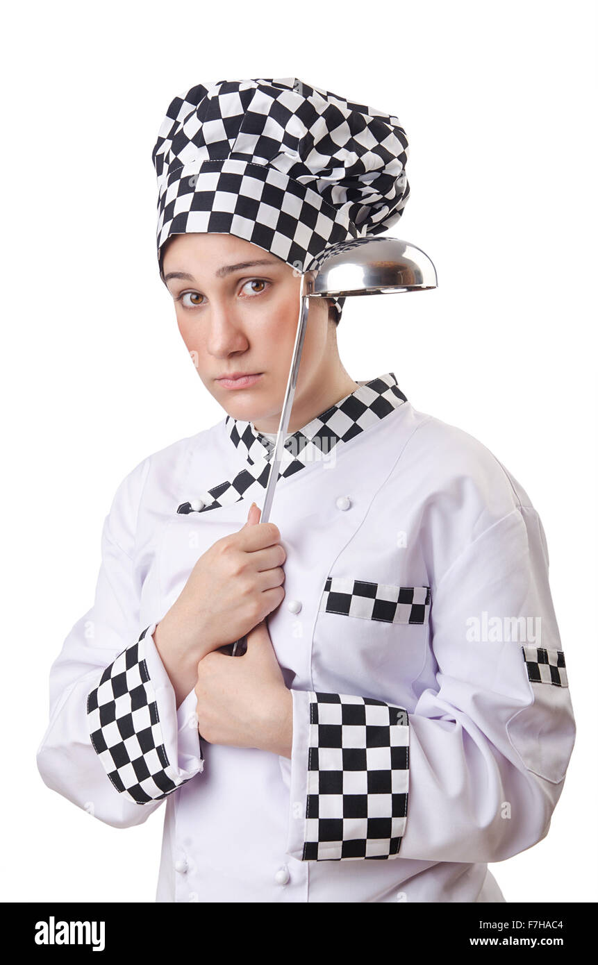 Woman cook with ladle on white Stock Photo - Alamy