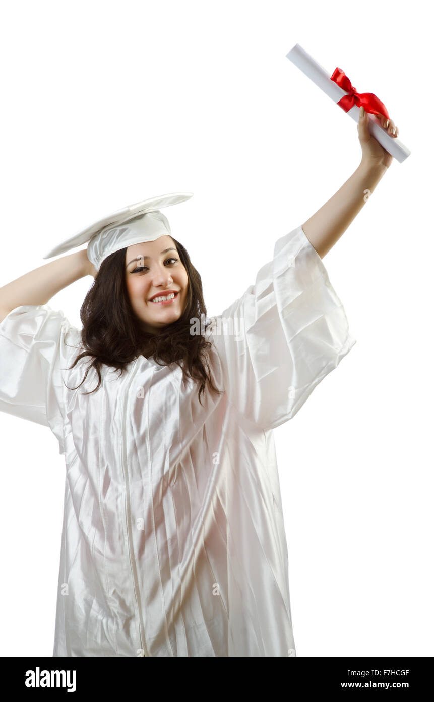 Happy graduate on white background Stock Photo - Alamy