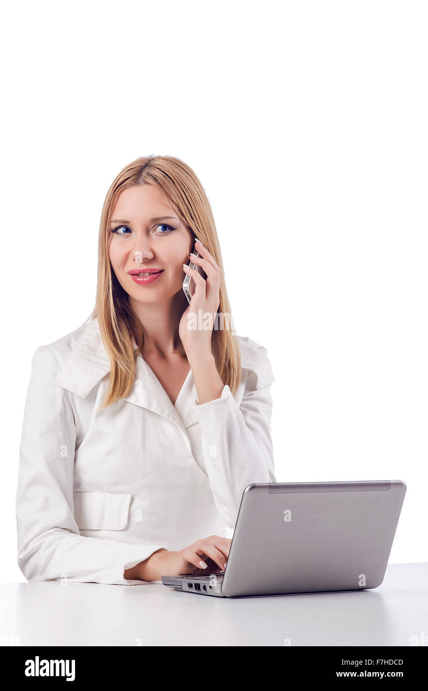 Woman with laptop on white Stock Photo - Alamy