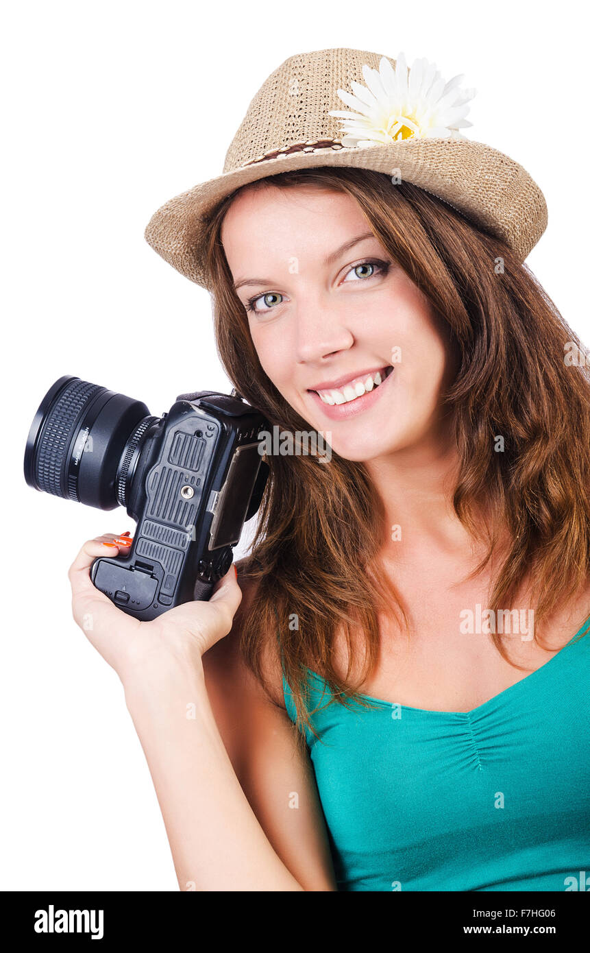 Attractive female photographer on white Stock Photo - Alamy