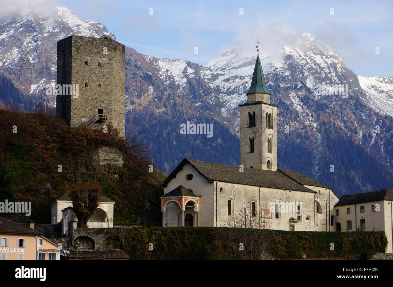 Castle and Church Santa Maria di Calanca, Misox, Grisons, Switzerland ...