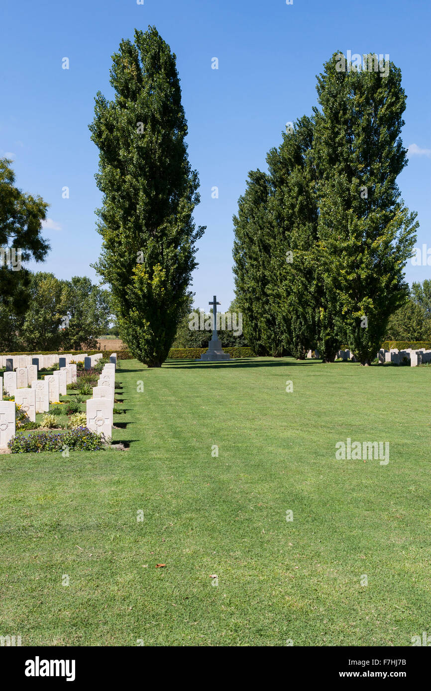 Ranks of well tendered and planted gravestones in a quiet garden. War ...