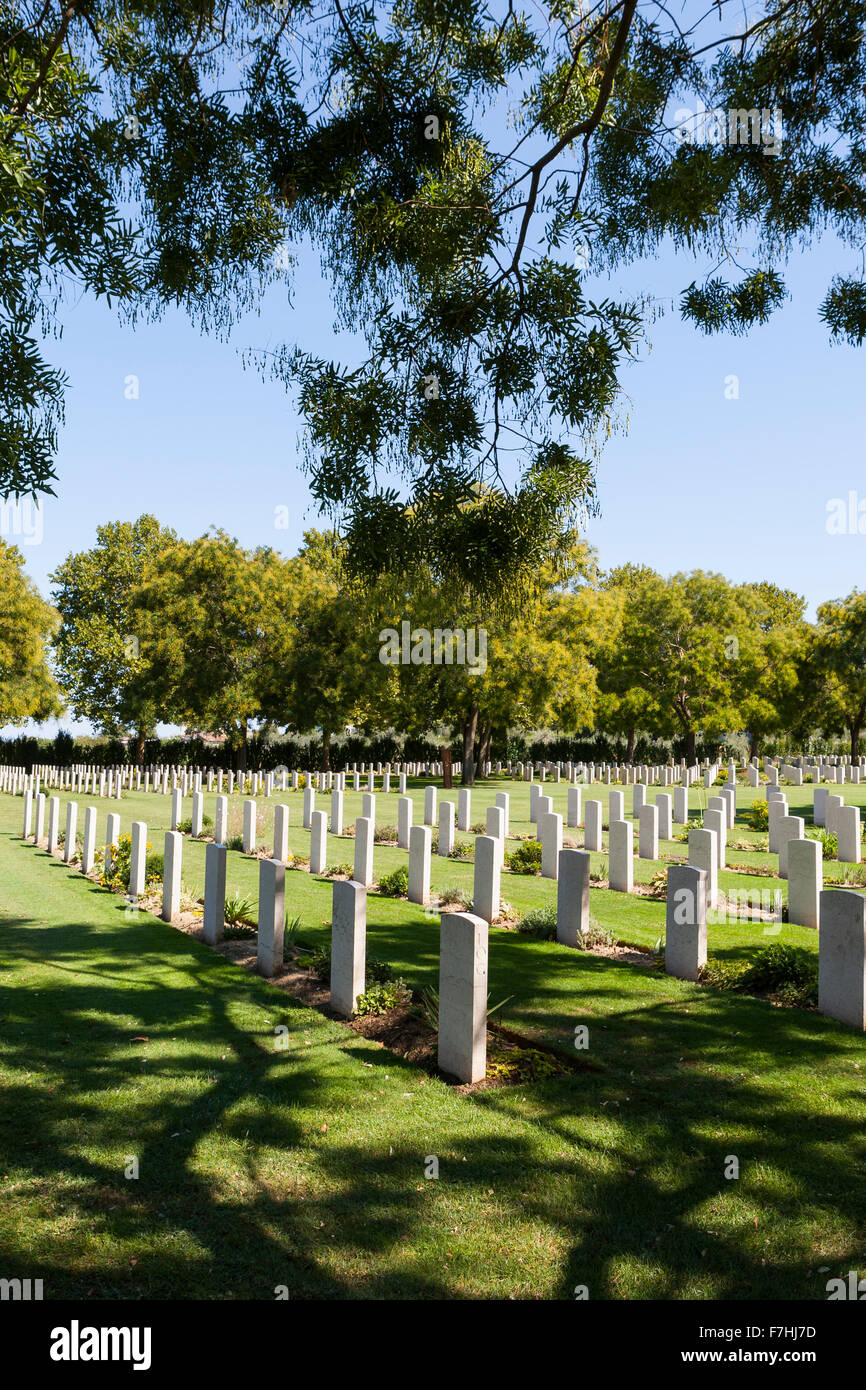 Ranks of well tendered and planted gravestones in a quiet garden. War ...