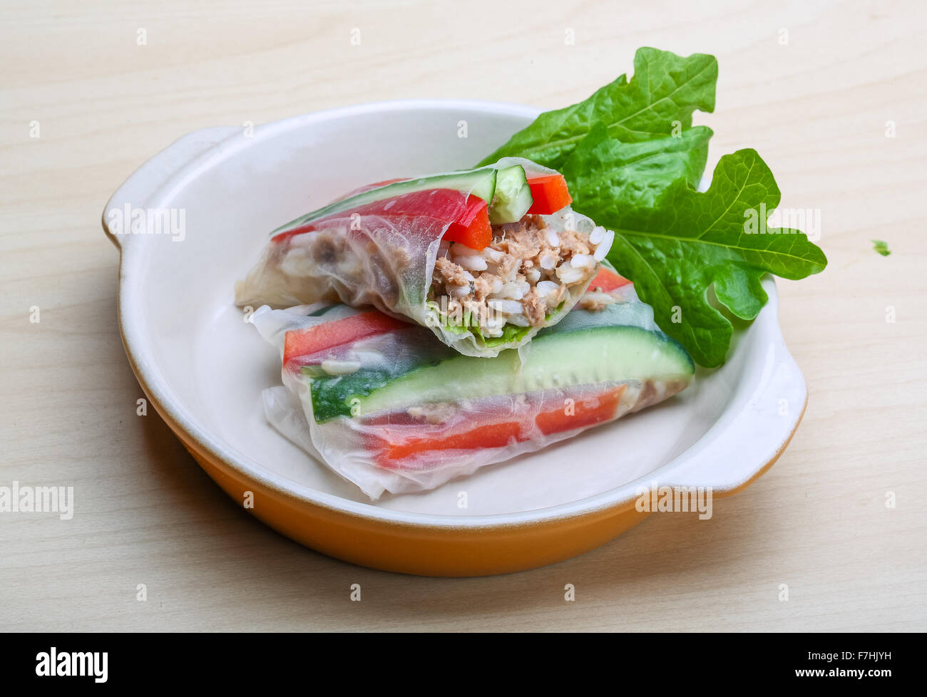 Vietnamese Spring rolls with tuna and salad leaves Stock Photo - Alamy