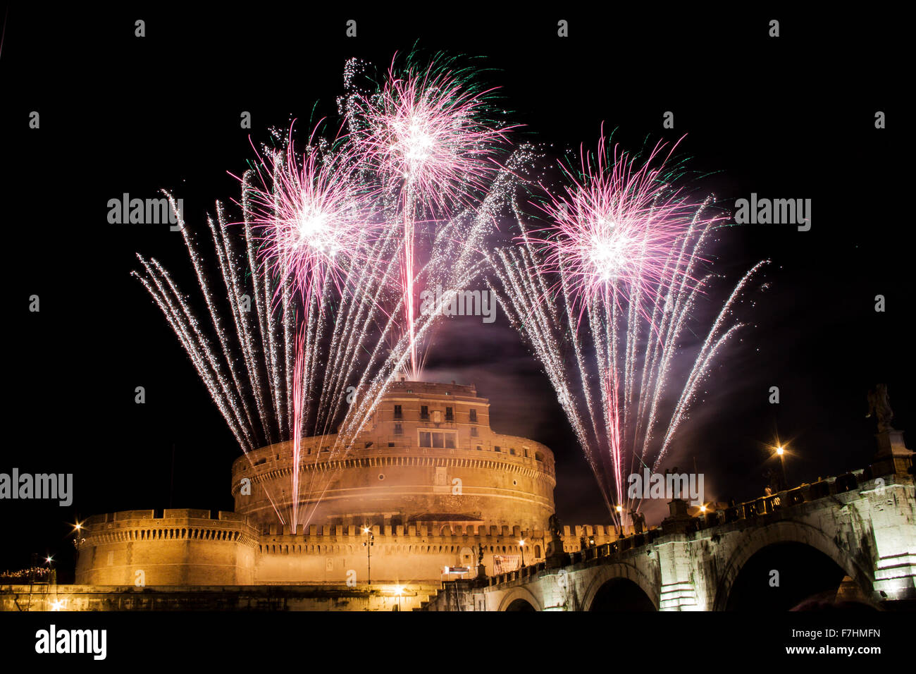 Traditional fireworks show over Castel Sant' Angelo in Rome, Italy ...