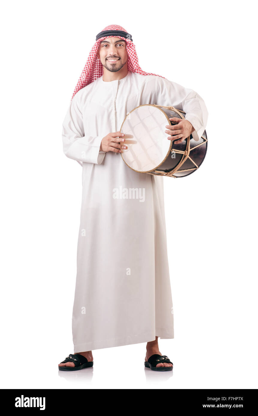 Arab man playing drum isolated on white Stock Photo - Alamy