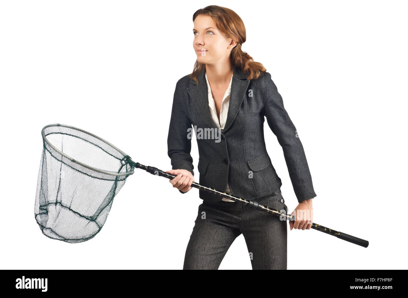 Woman with net isolated on white Stock Photo - Alamy