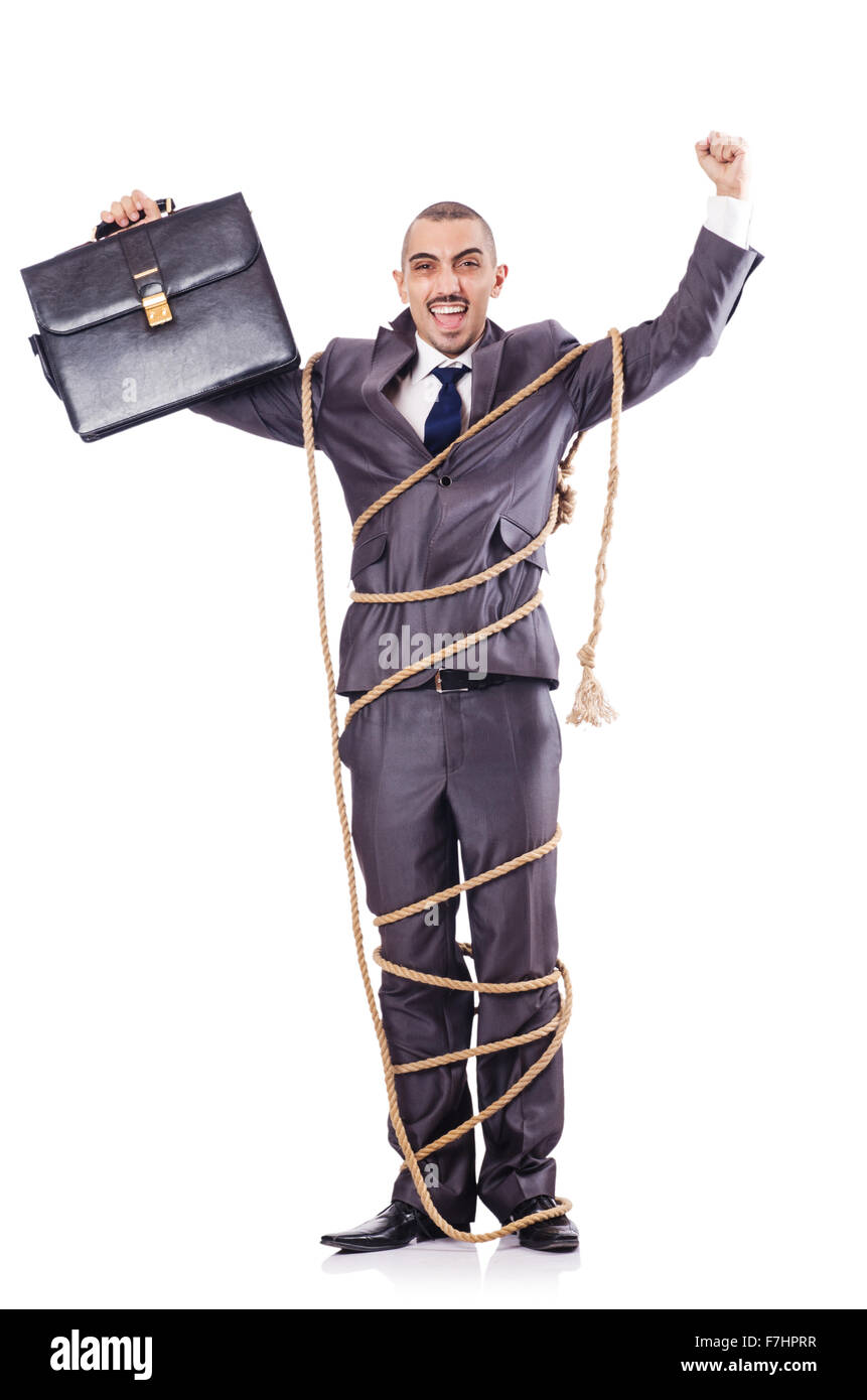 Man tied up with rope on white Stock Photo - Alamy