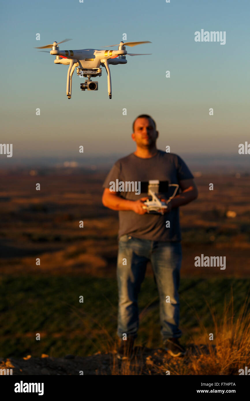 Driving a drone at sunset. Corella (Navarra) Spain Stock Photo - Alamy