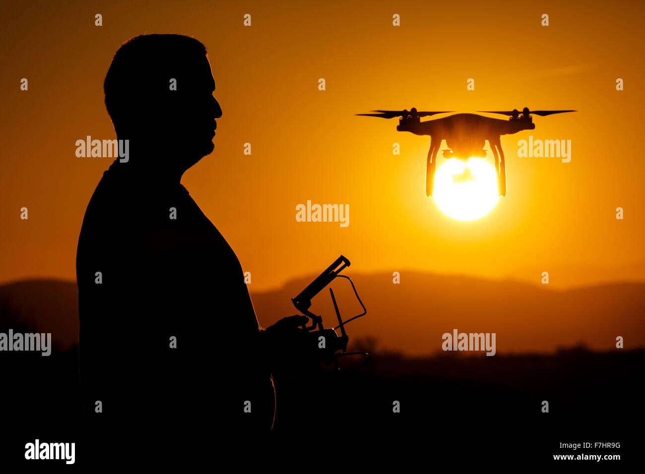 Driving a drone at sunset. Corella (Navarra) Spain Stock Photo - Alamy