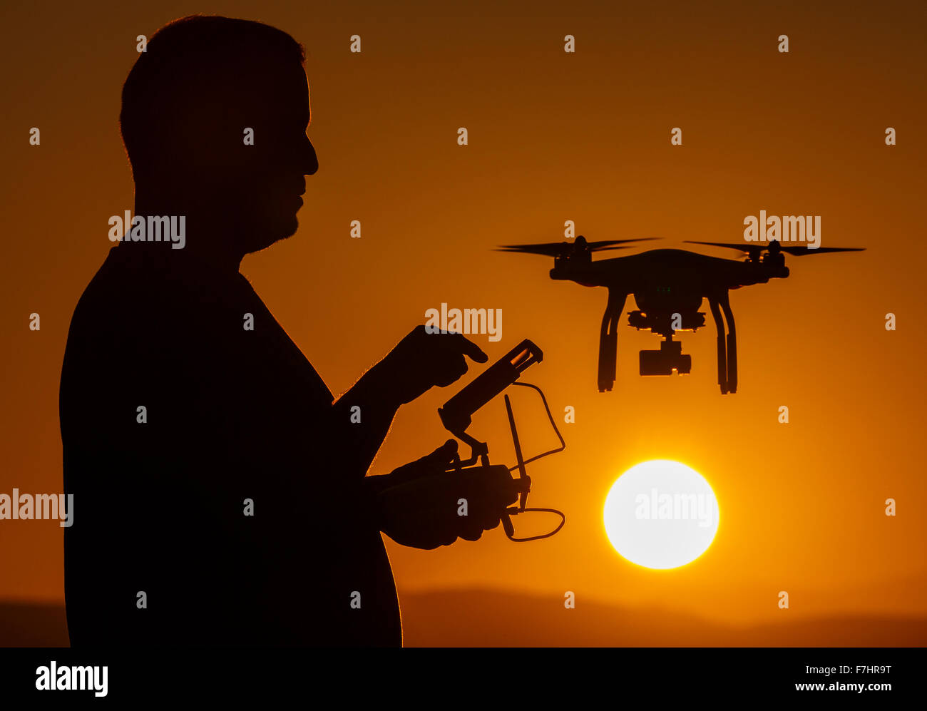 Driving a drone at sunset. Corella (Navarra) Spain Stock Photo - Alamy