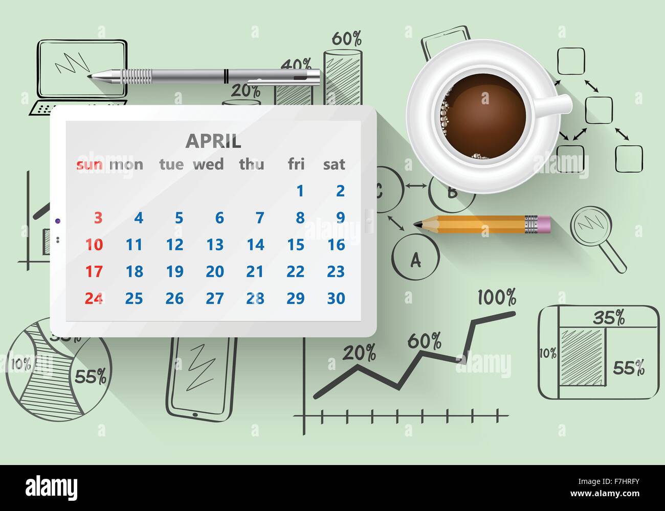 Planning calendar in the computer tablet showing the month of April ...