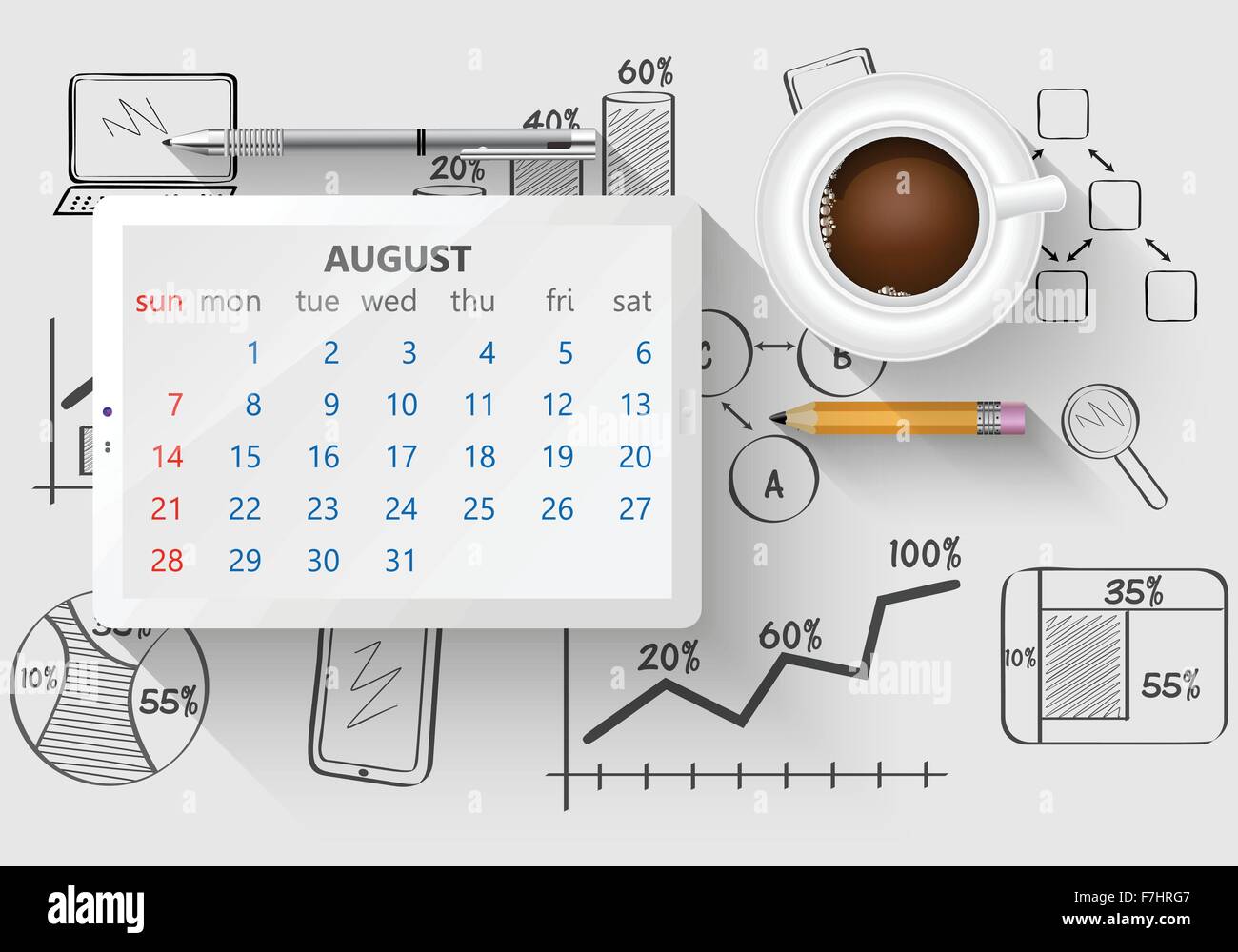 Planning calendar in the computer tablet showing the month of August ...