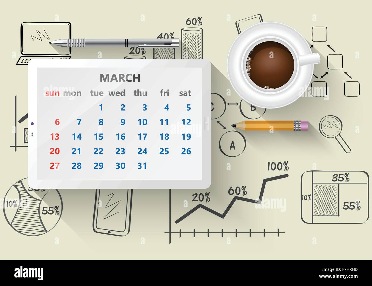 Planning calendar in the computer tablet showing the month of March ...