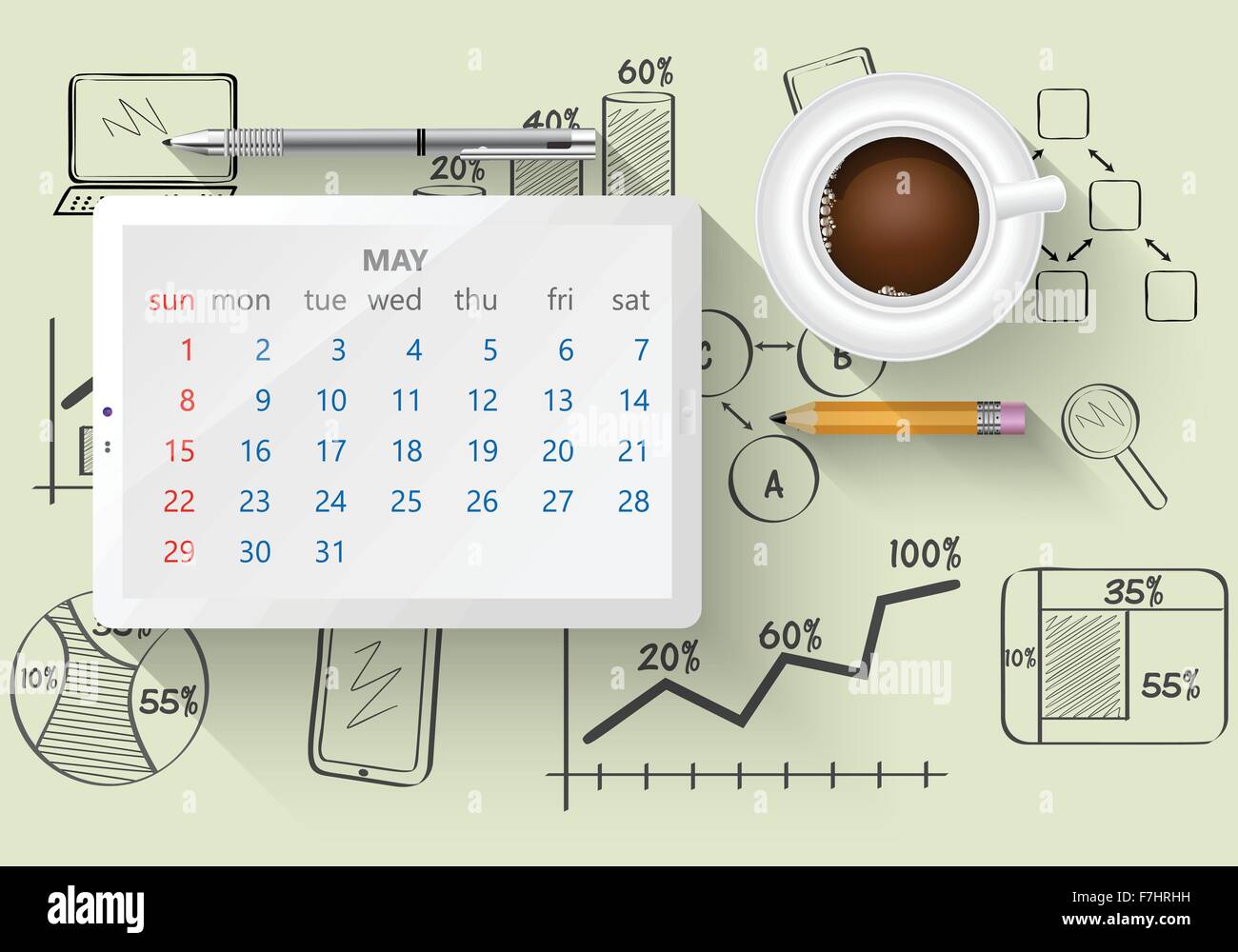 Planning calendar in the computer tablet showing the month of May Stock ...