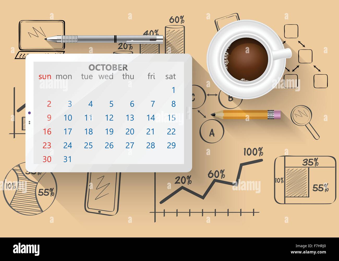 Planning calendar in the computer tablet showing the month of October ...