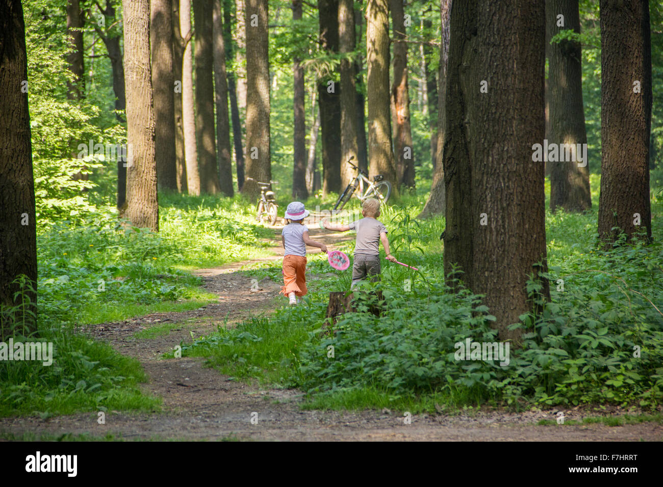 two kids running along the path through the woods Stock Photo - Alamy