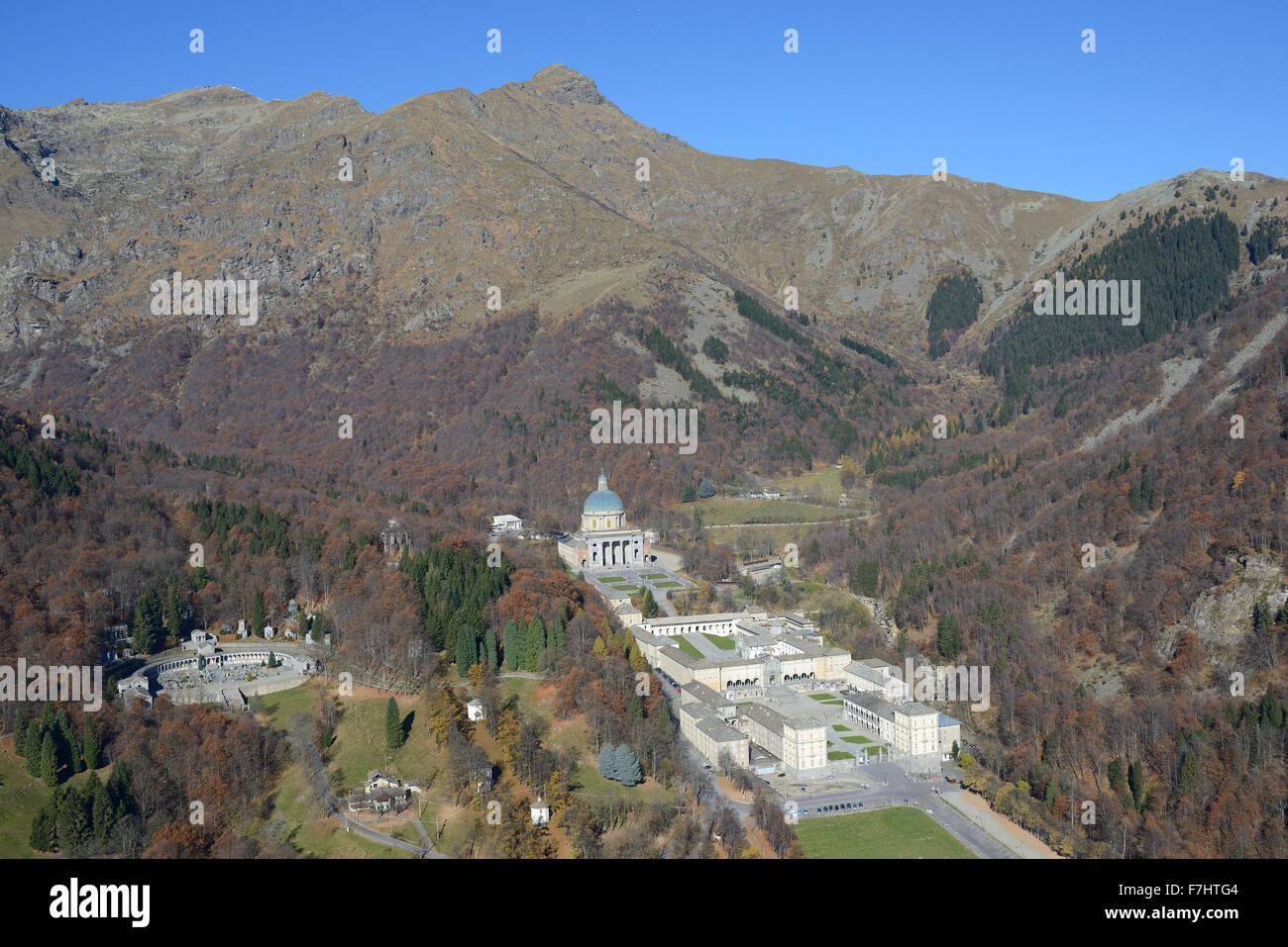 AERIAL VIEW. Oropa Sanctuary, a remote religious complex high on the ...