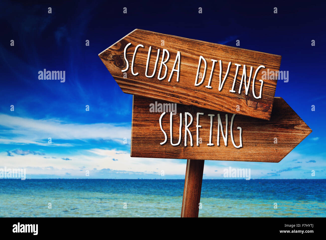 Scuba Diving or Surfing Activity, Rustic Wooden Direction Sign in ...