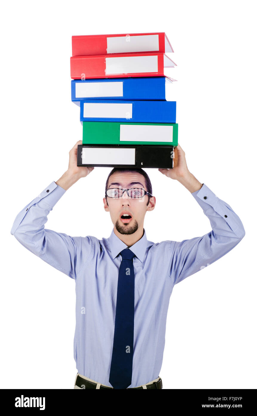 Businessman with lots of folders isolated on white Stock Photo - Alamy