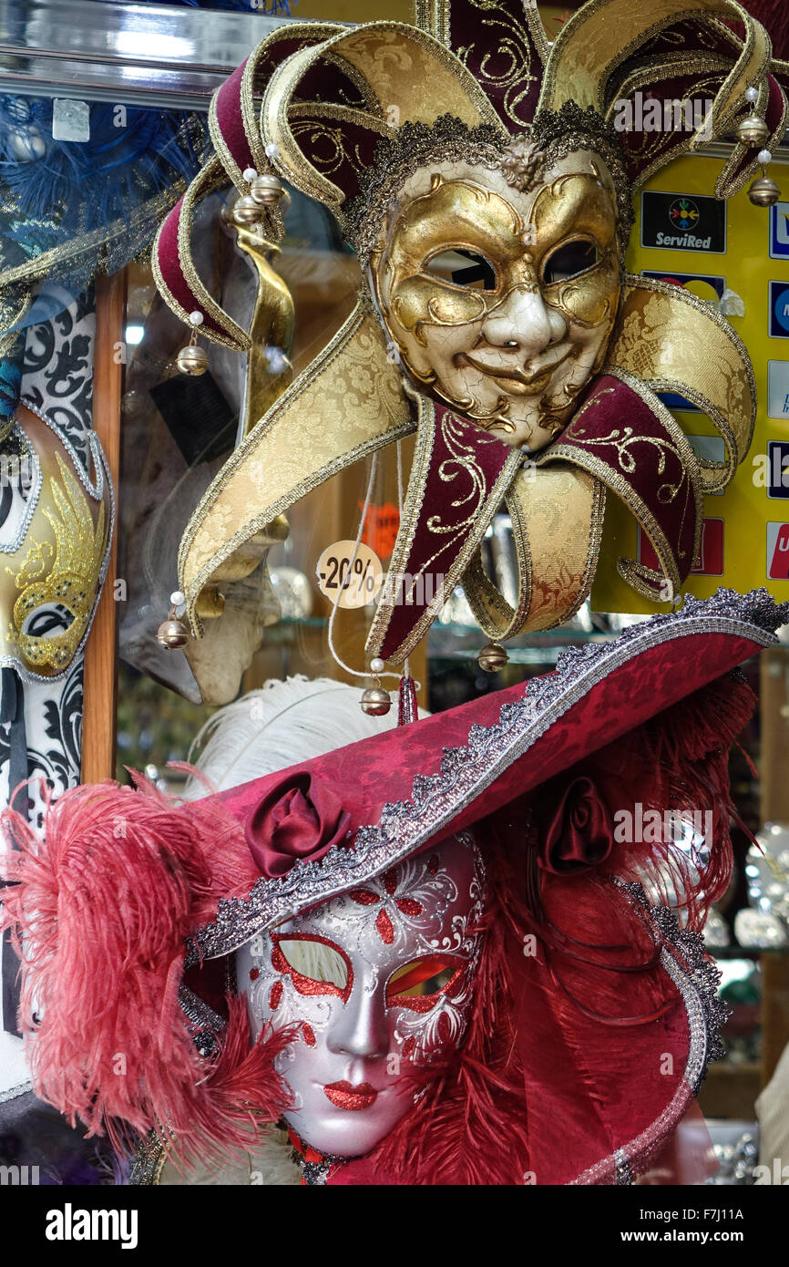 Two ball masks hanging in shop in Benidorm old town, red and yellow ...