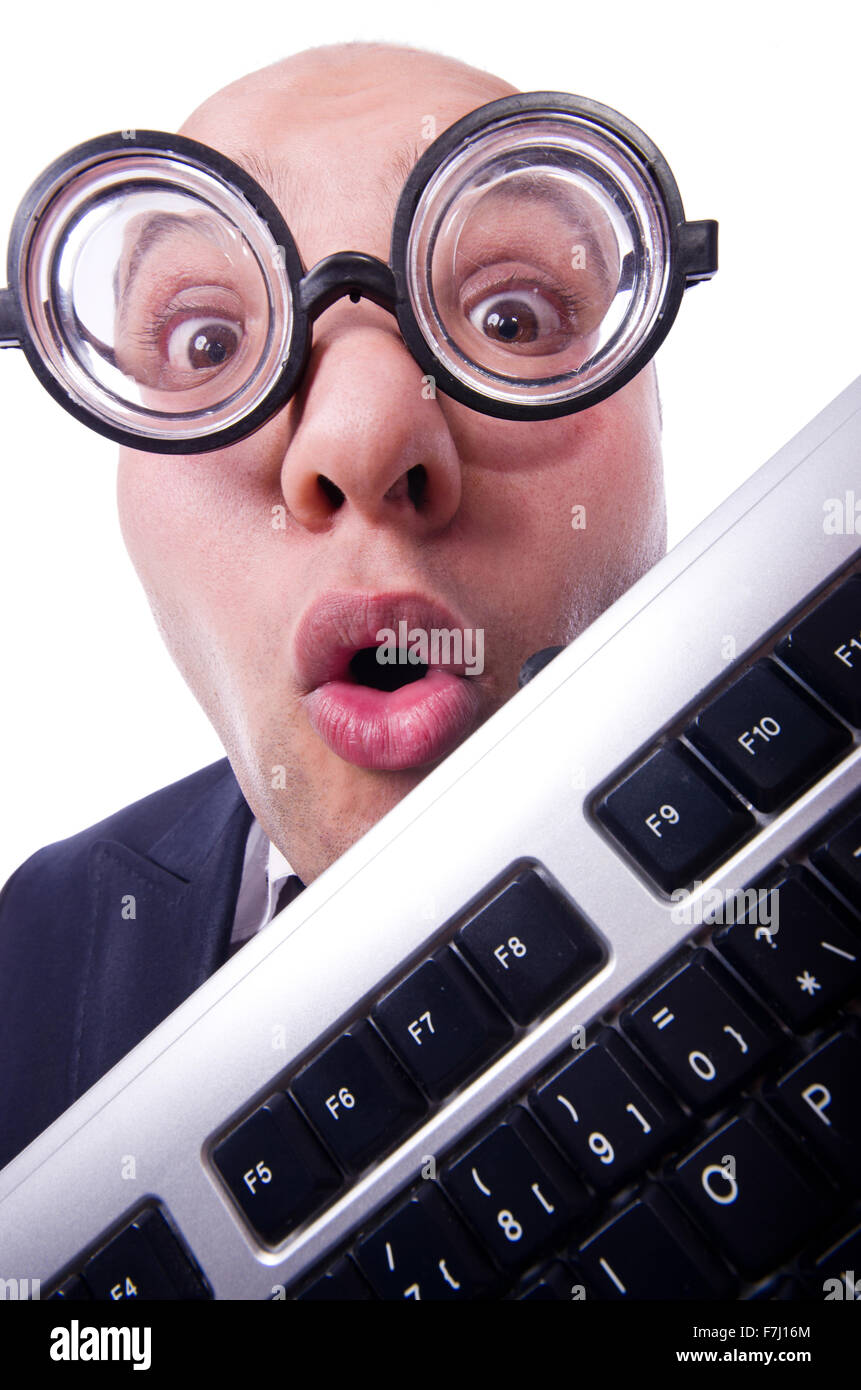 Nerd businessman with computer keyboard on white Stock Photo - Alamy