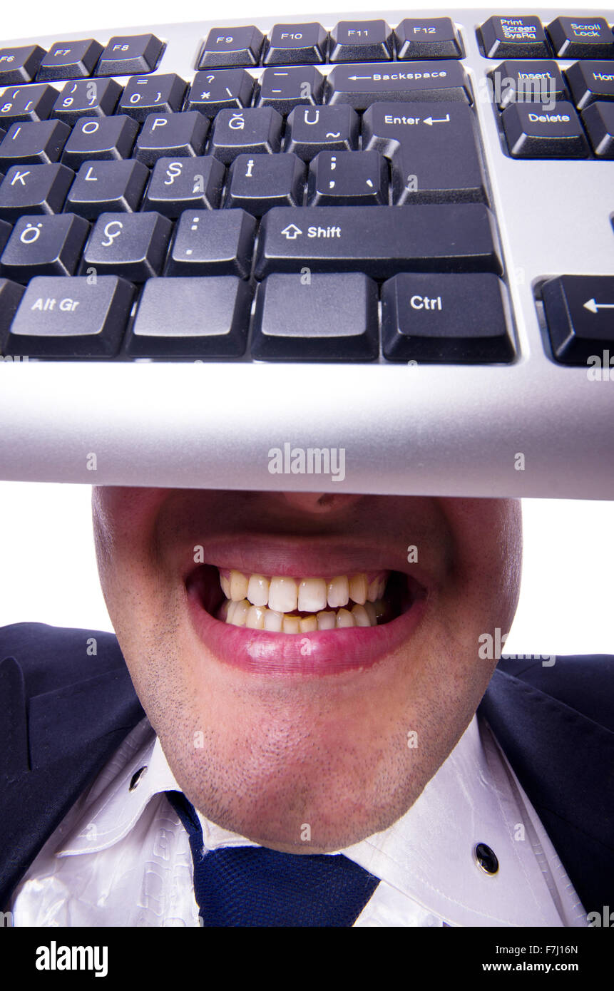Nerd businessman with computer keyboard on white Stock Photo - Alamy