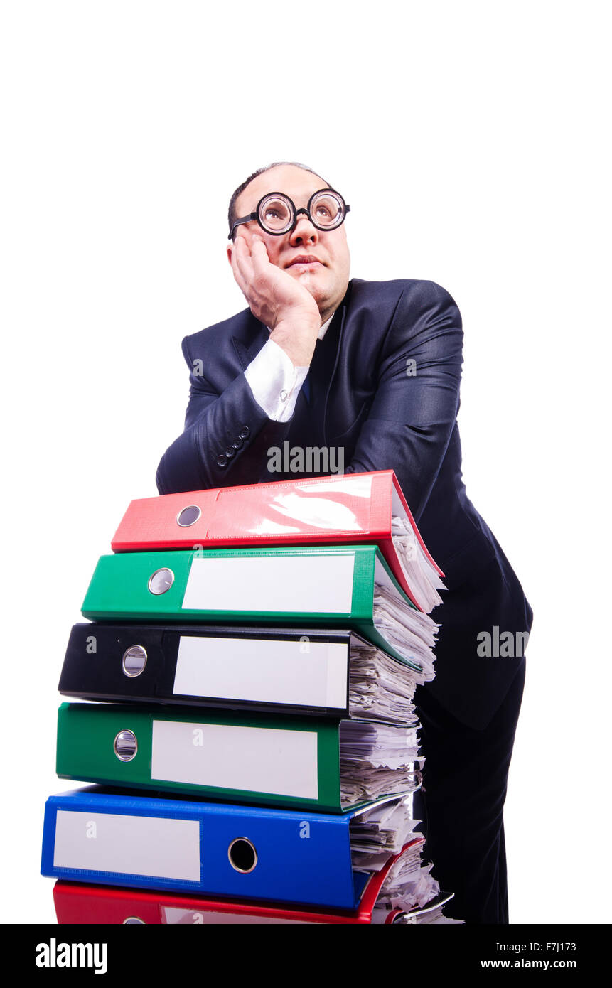 Funny man with lots of folders on white Stock Photo - Alamy