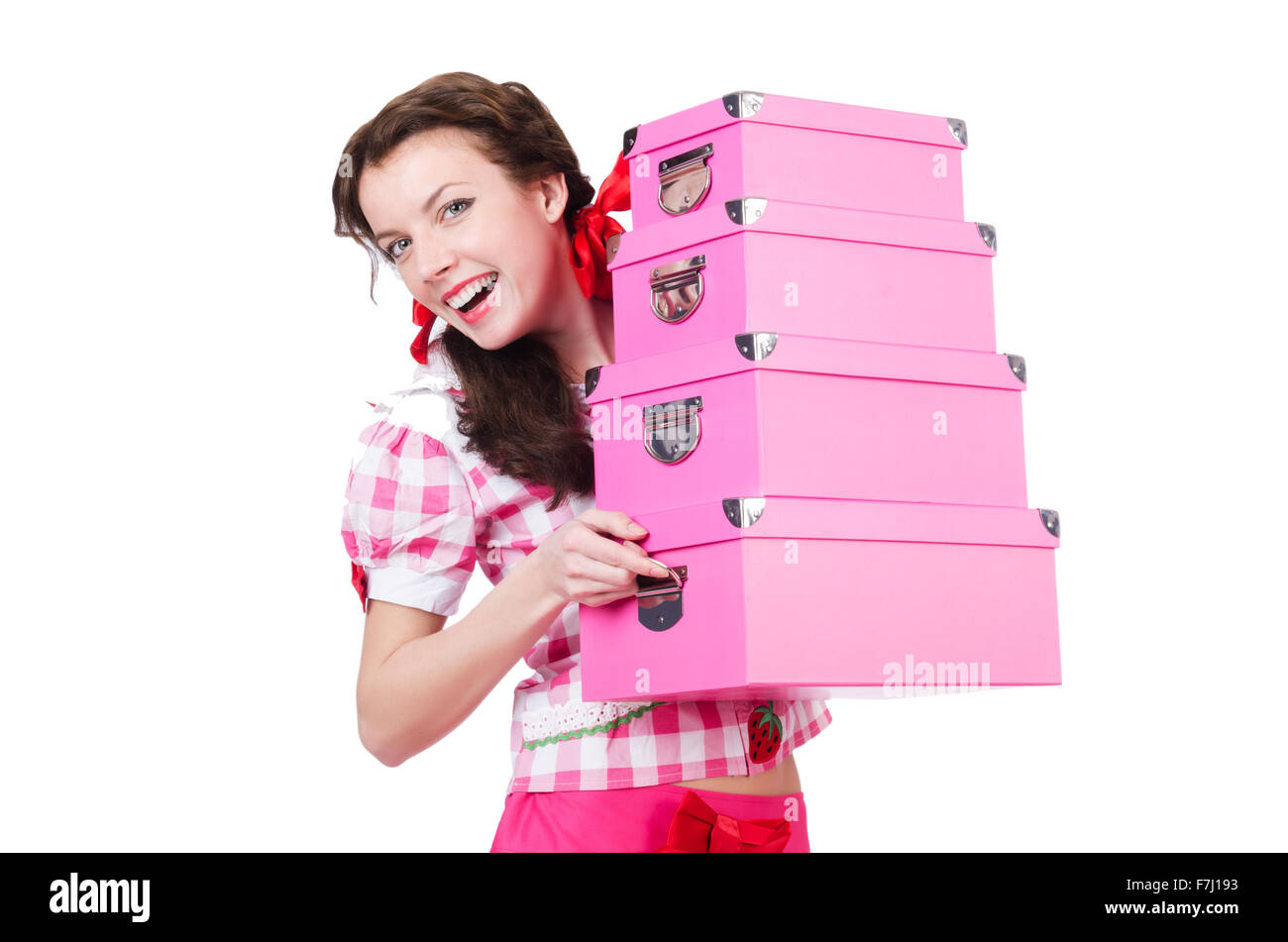 Young woman with storage boxes on white Stock Photo - Alamy