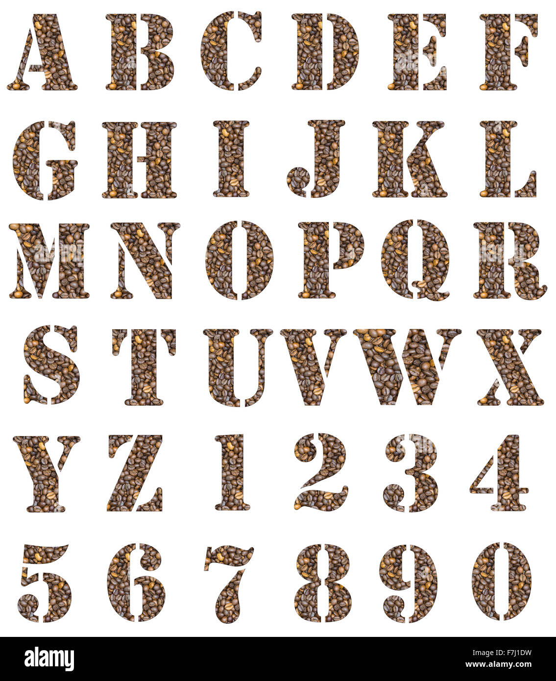 Coffee alphabet letters and numbers isolated on white. Roasted brown ...