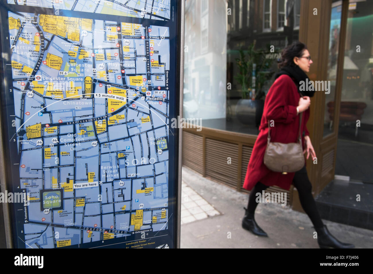 Street sign showing a map of where you are at Wardour Street and ...