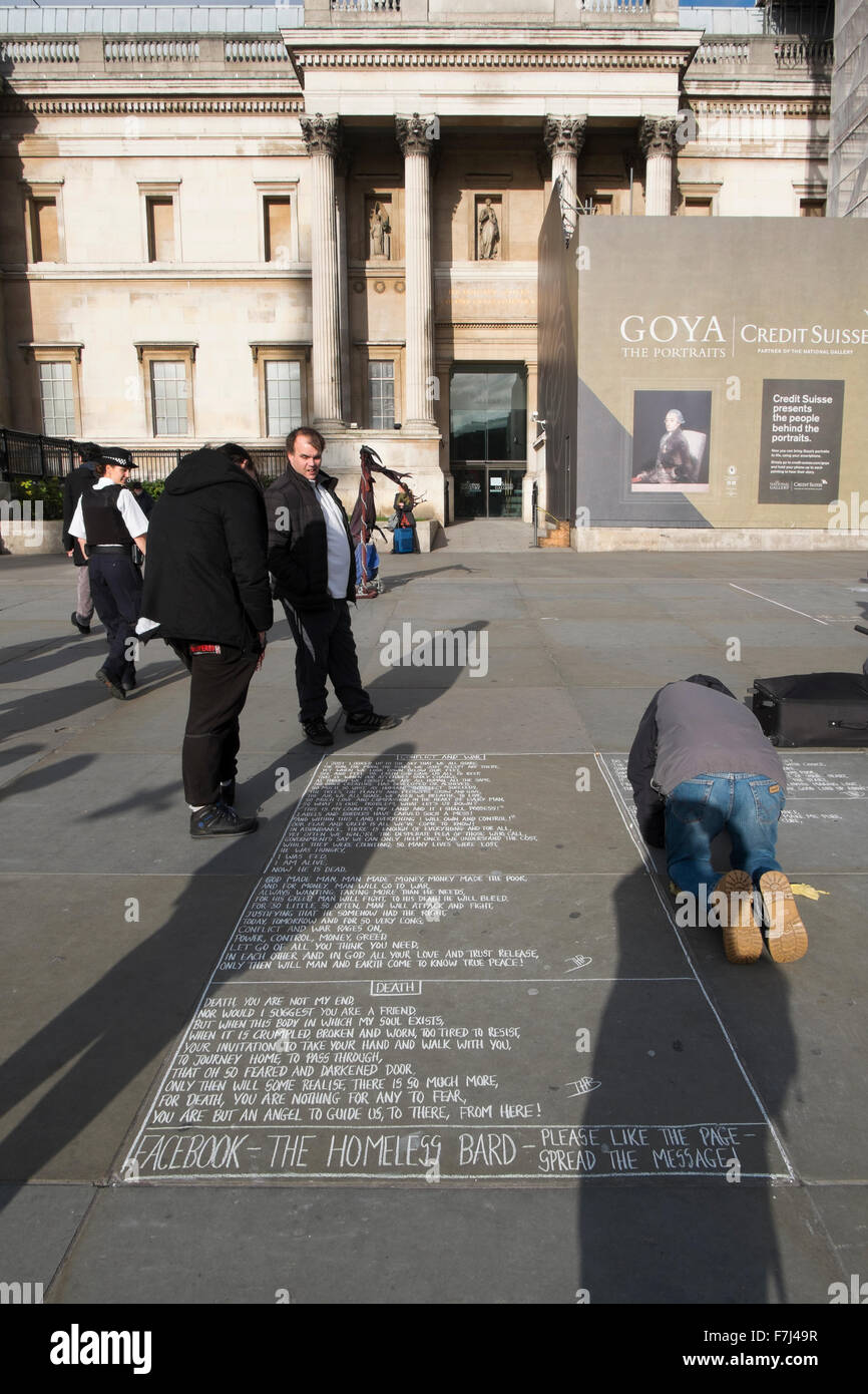 The Homeless Bard, a rough sleeping man writing poetry on the pavement ...
