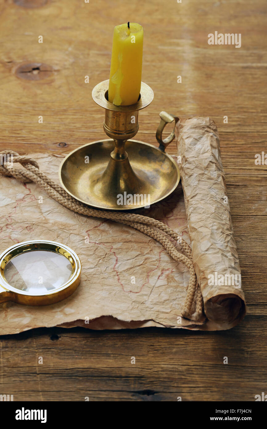 Vintage map and accessories for the treasure hunt and travel Stock ...