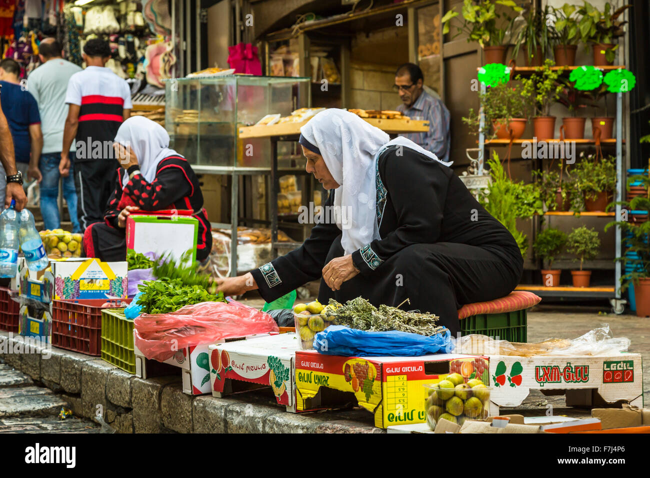 The Arab street market near the Damascus Gate in the old city of Jerusalem, Israel, Middle East ...