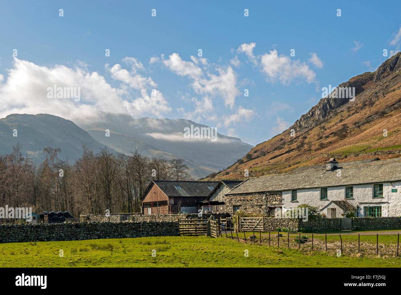 Middle Fell Farm and Crinkle Crags from Great Langdale Valley in the ...