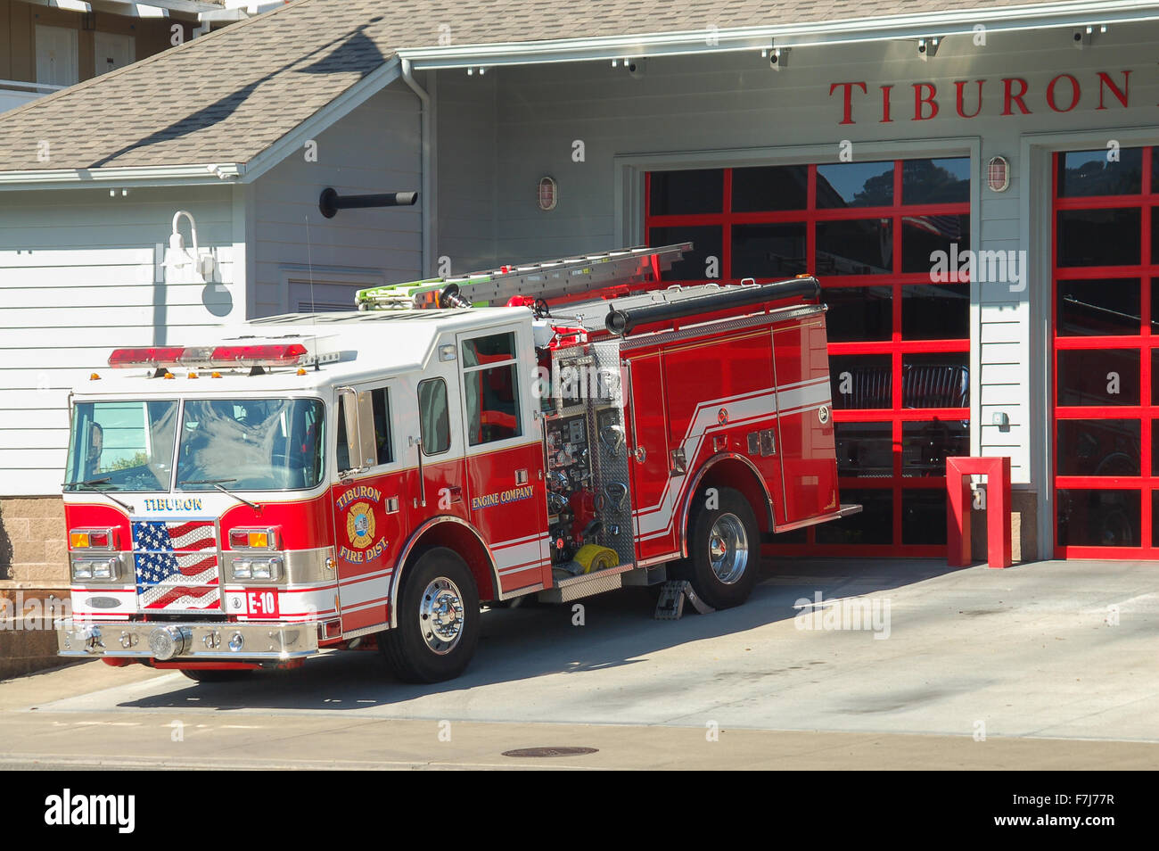Red and white firetruck stationed at the Tiburon firehouse Stock Photo ...