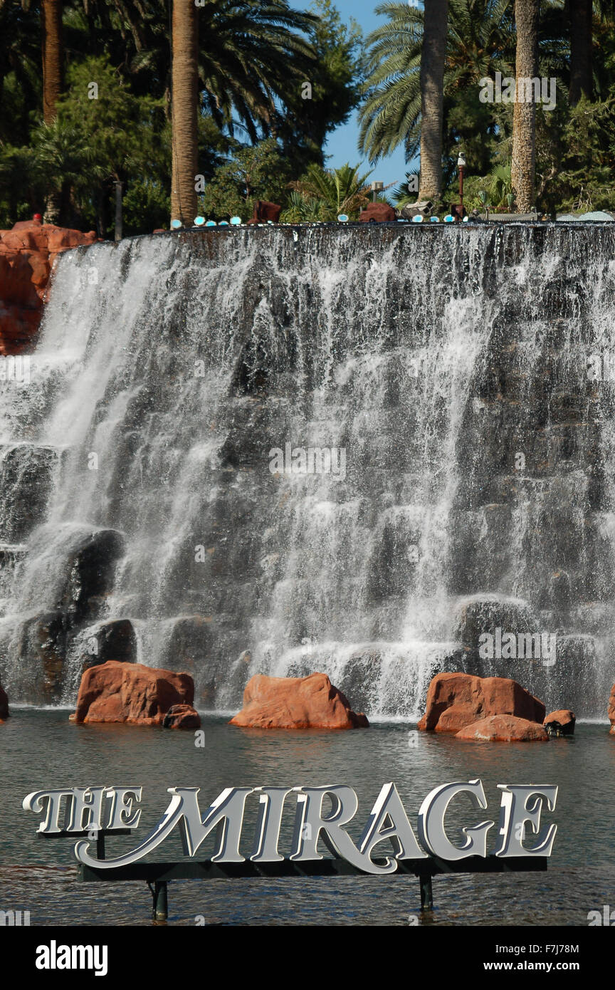 The Mirage hotel sign on Las Vegas Boulevard with waterfall and rocks ...