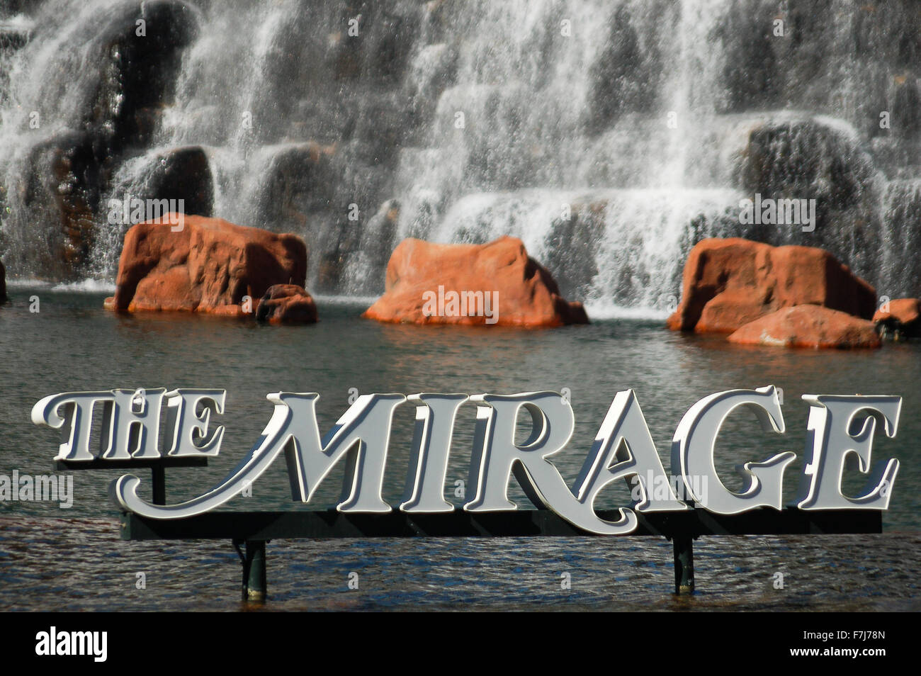 The Mirage hotel sign on Las Vegas Boulevard with waterfall and rocks ...