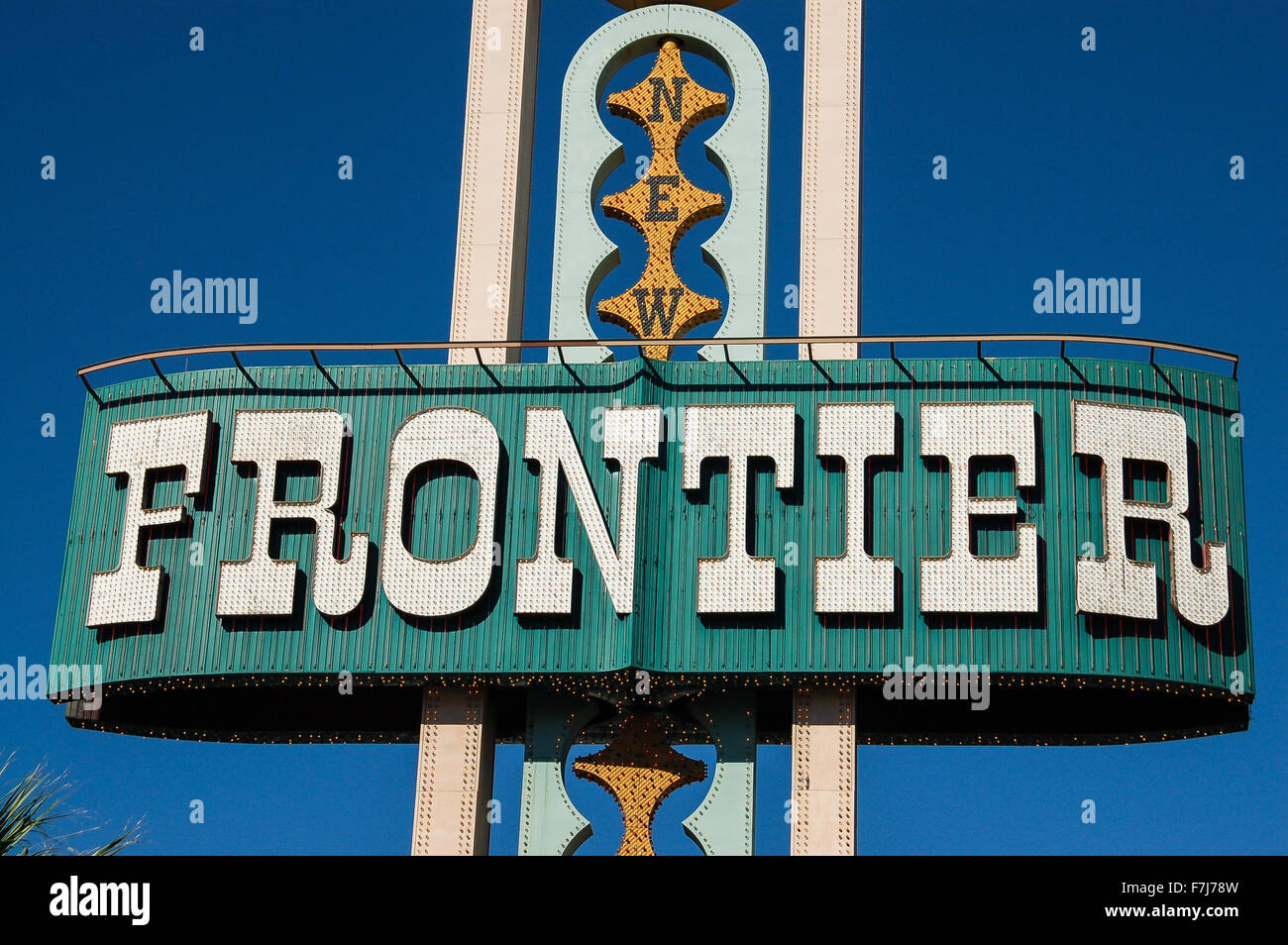Closeup of the green sign for the New Frontier hotel on Las Vegas ...