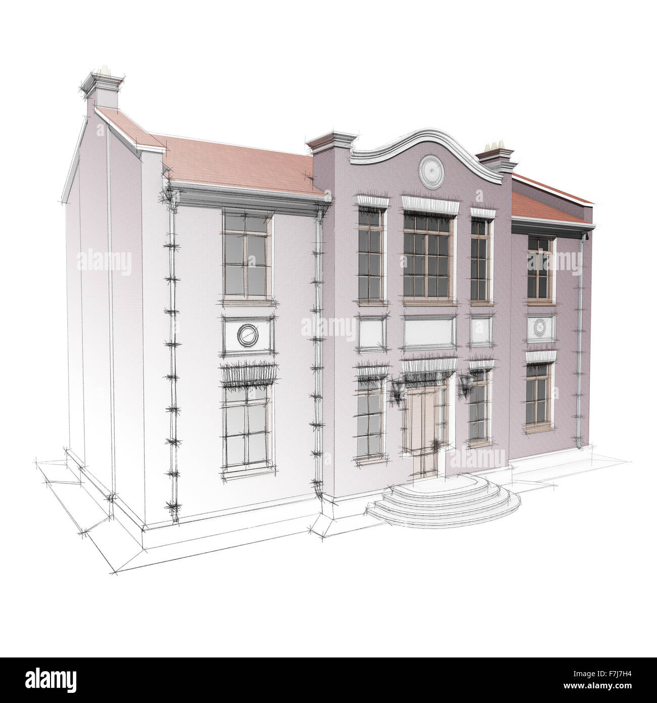 architectural sketch of classic private residential isolated on white ...