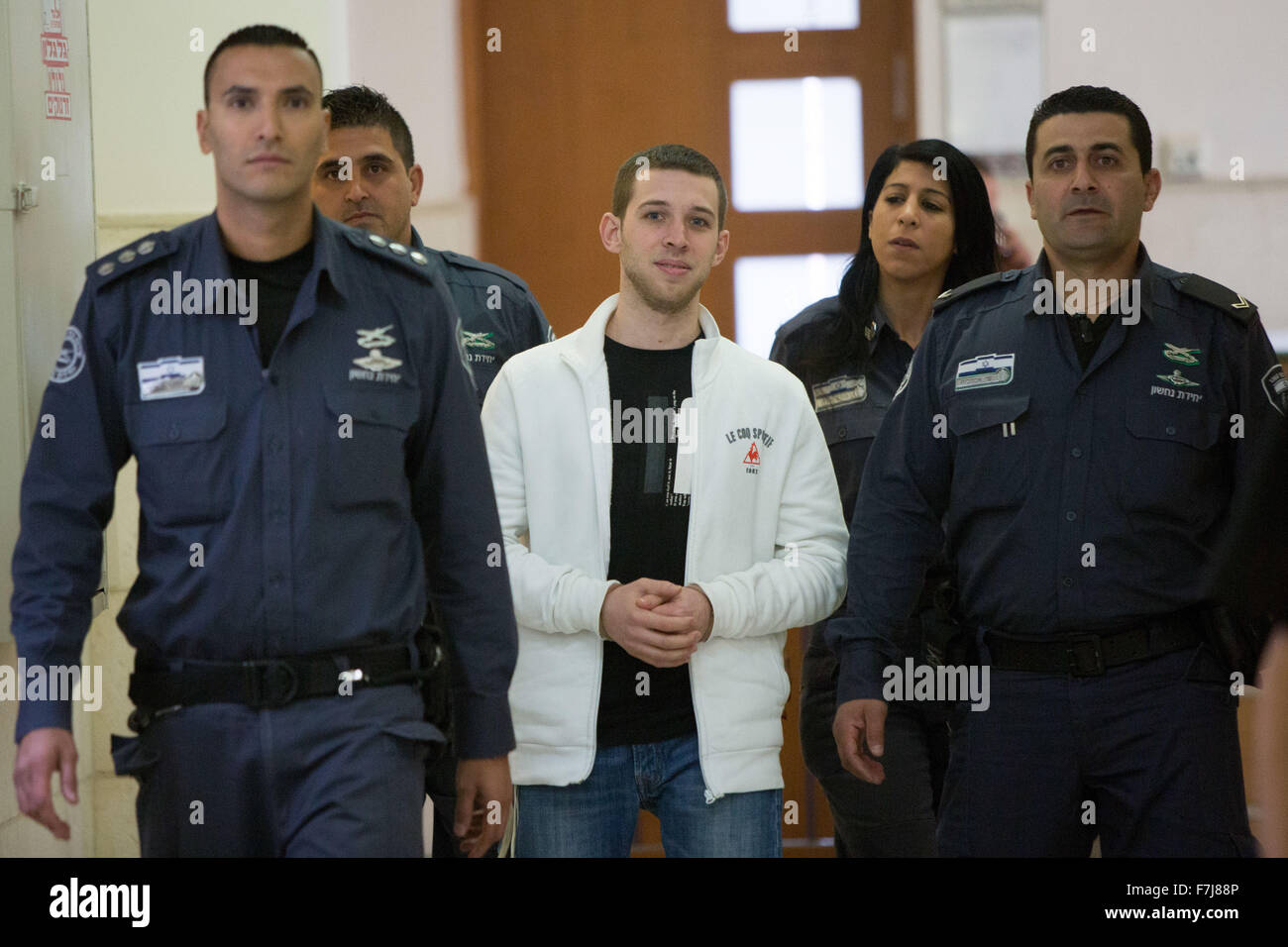 Jerusalem. 1st Dec, 2015. Jewish extremist Yitzhak Gabay (C) arrives ...